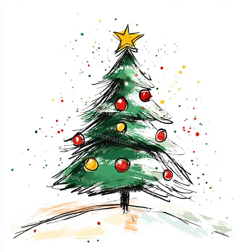 Christmas Tree Line Art Clipart: Watercolor Style (digital Download) - Etsy