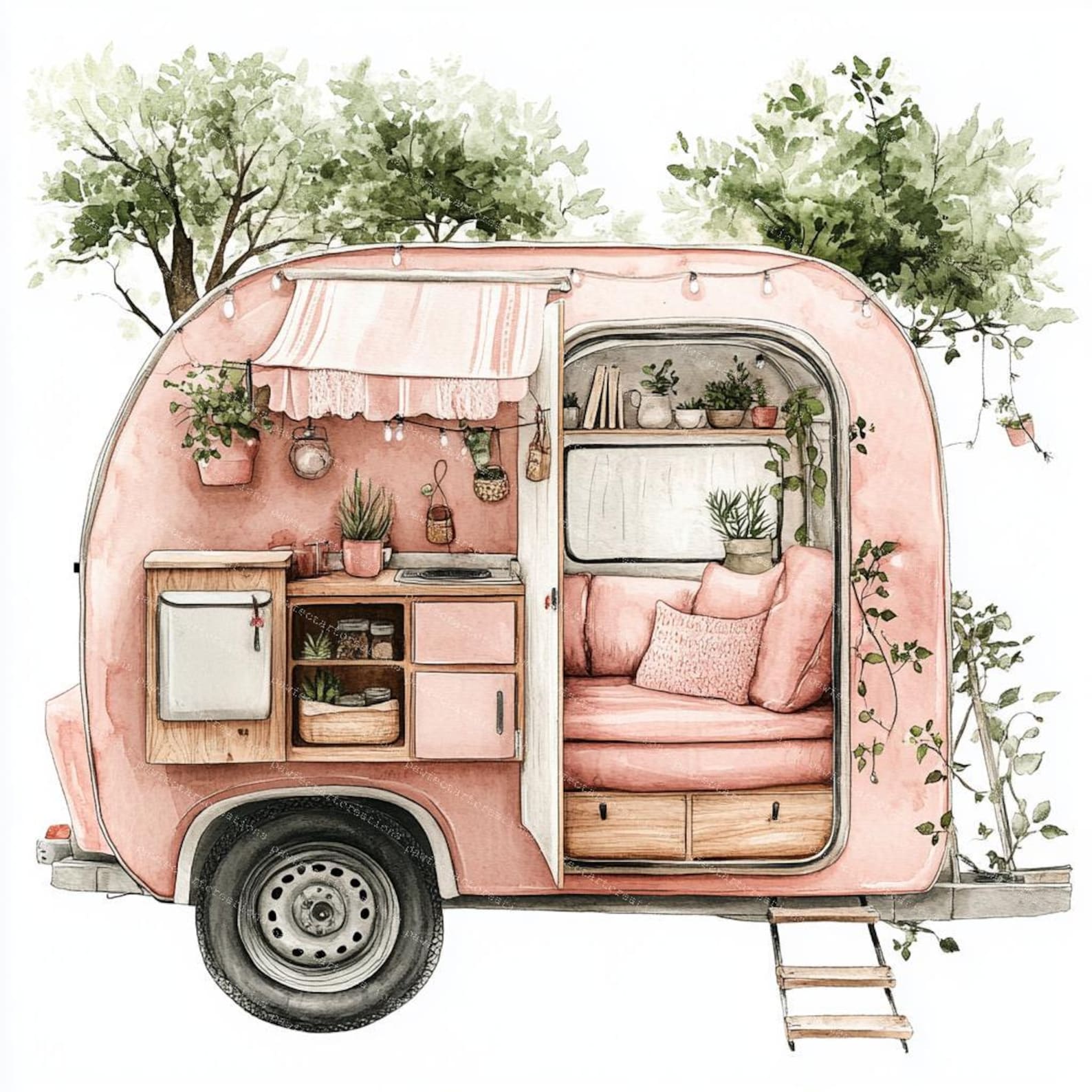 Pink Retro Camping Trailer Clipart: Watercolor Jpgs (digital Download ...