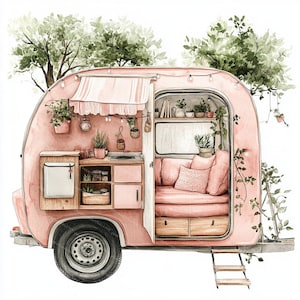 10 Pink Cozy Camping Trailer Clipart, Retro Camping Trailer, Printable ...