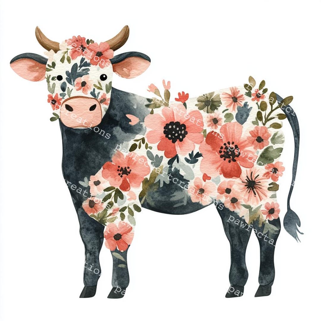 Floral Cow Clipart: Cottagecore Watercolor Farm Animal Jpgs (digital ...