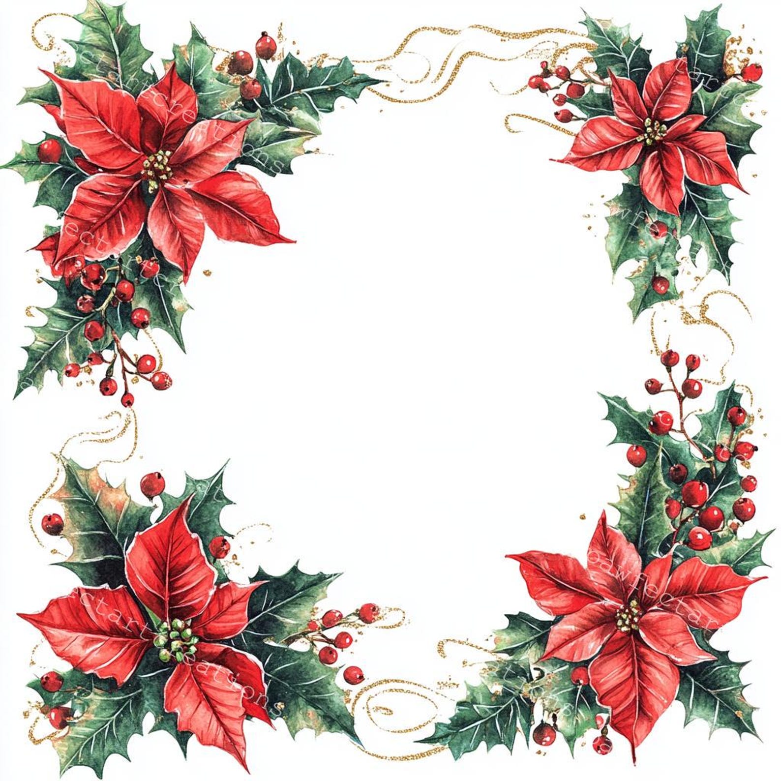 Poinsettia Border Clipart: Watercolor Christmas Card Design (digital ...
