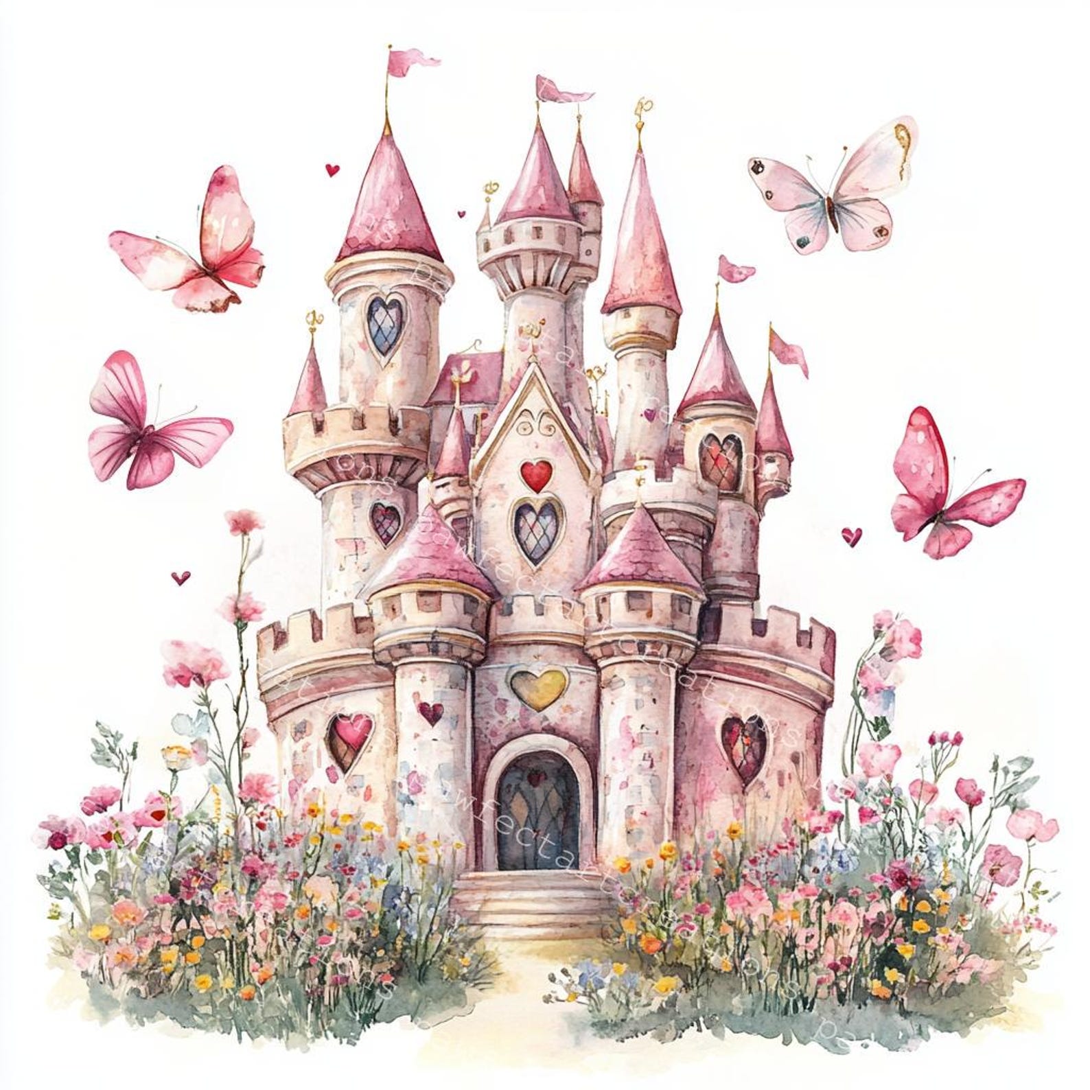 Pink Fairy Tale Castle Clipart: Watercolor Style (JPG & PNG Digital ...
