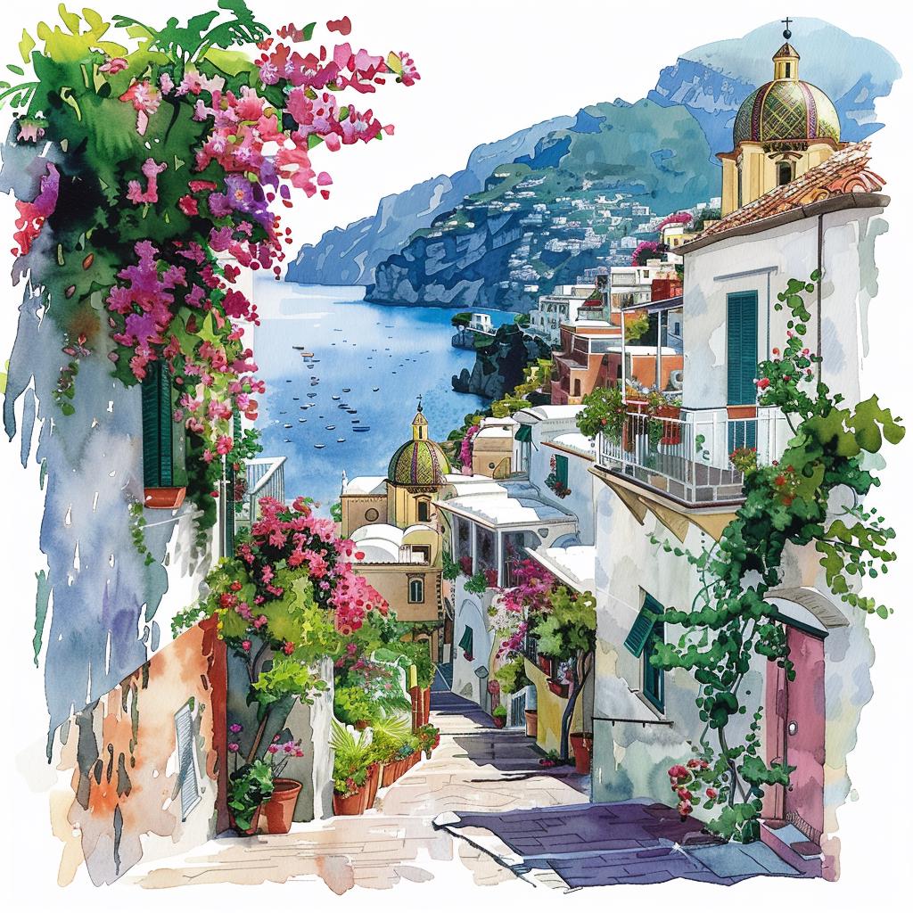 Amalfi Coast Clipart: Italian Coastal Watercolor Art (digital Download ...