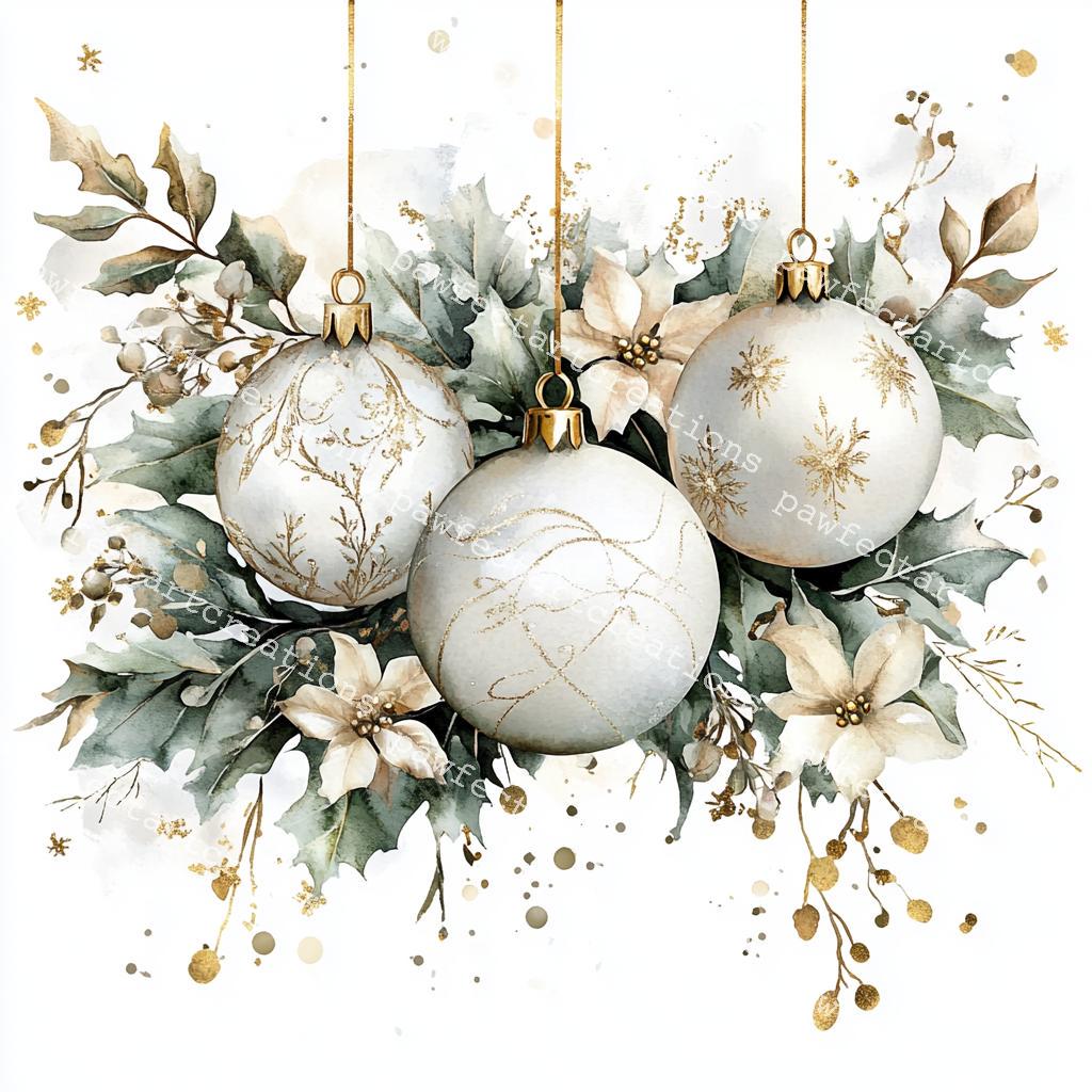 15 Elegant Christmas Baubles Clipart, Christmas Card,white Gold Xmas ...
