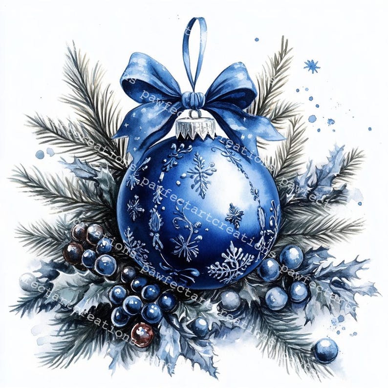Blue Christmas Bauble Clipart: Watercolor Holiday Ornaments (digital ...