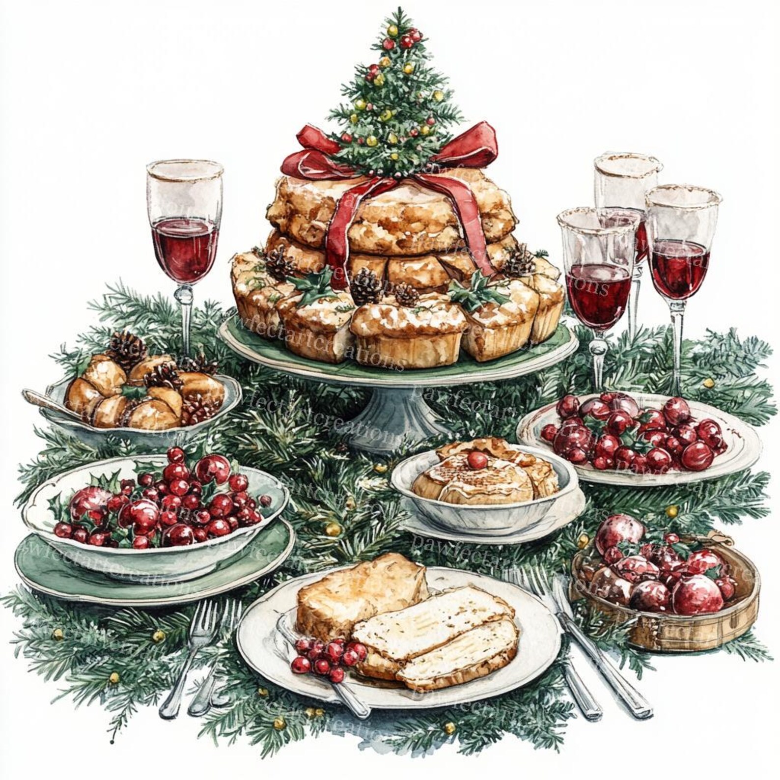 Christmas Dinner Clipart: Holiday Food Illustrations (JPG Digital ...