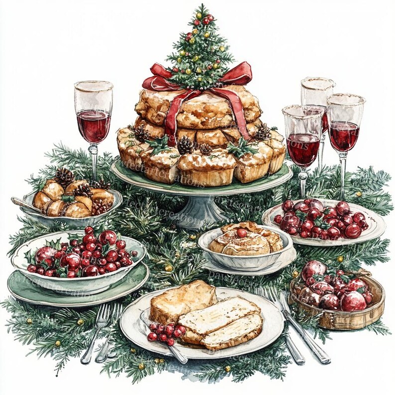 Christmas Dinner Clipart: Holiday Food Illustrations (JPG Digital ...