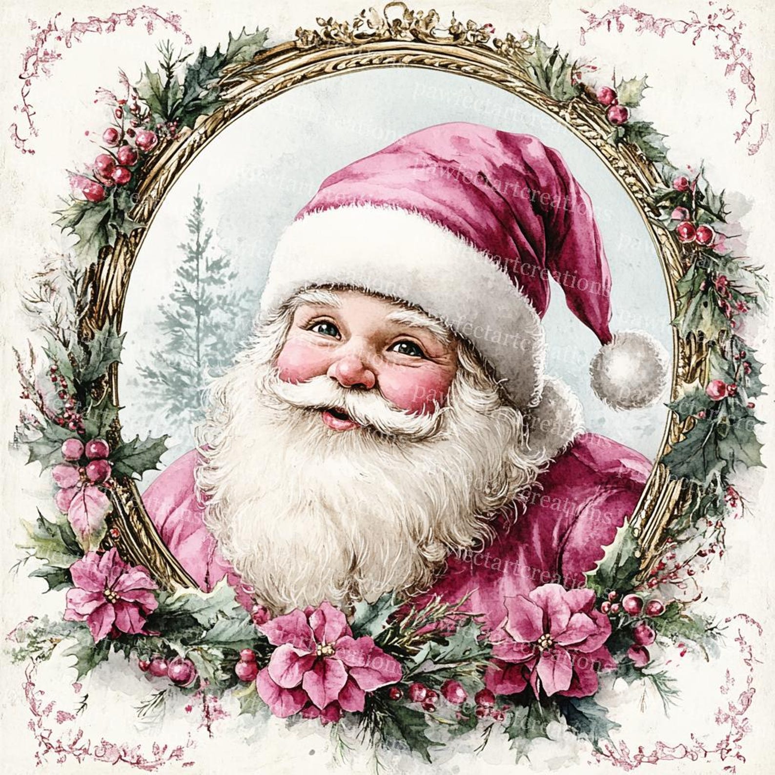 Pink Vintage Santa Clipart: Christmas Watercolor Jpgs (digital Download ...
