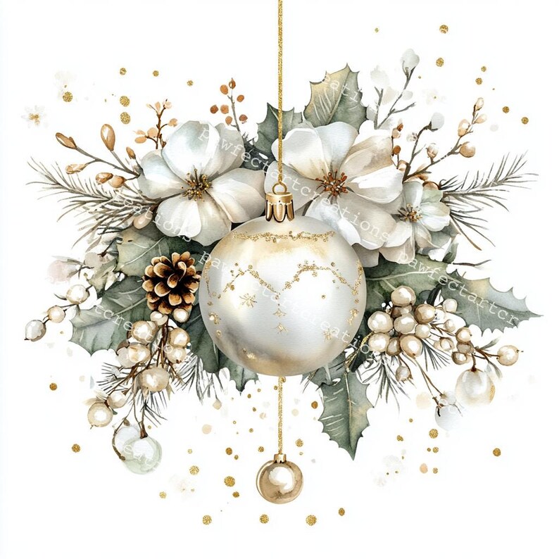15 Elegant Christmas Baubles Clipart, Christmas Card,white Gold Xmas ...