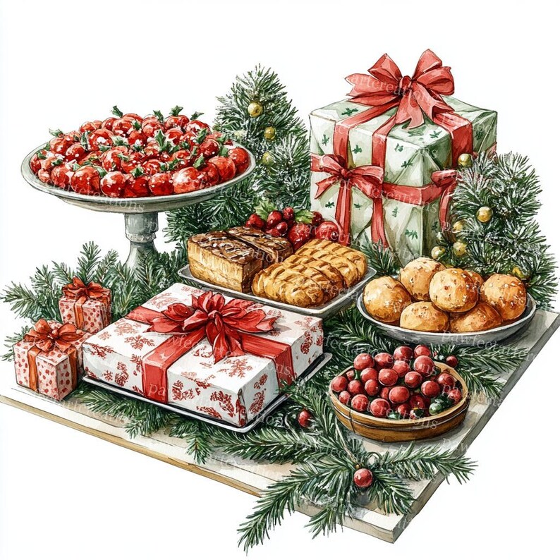 Christmas Dinner Clipart: Holiday Food Illustrations (JPG Digital ...