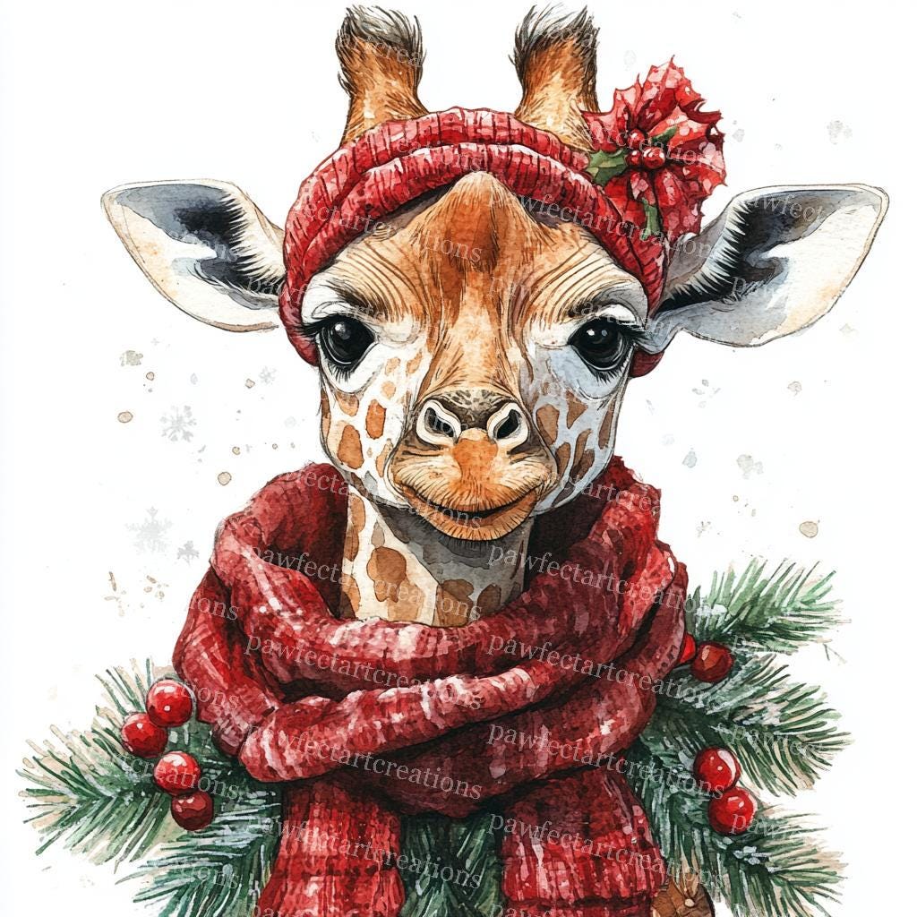 Christmas Giraffe Clipart: Watercolor Santa Hat Art (digital Download ...
