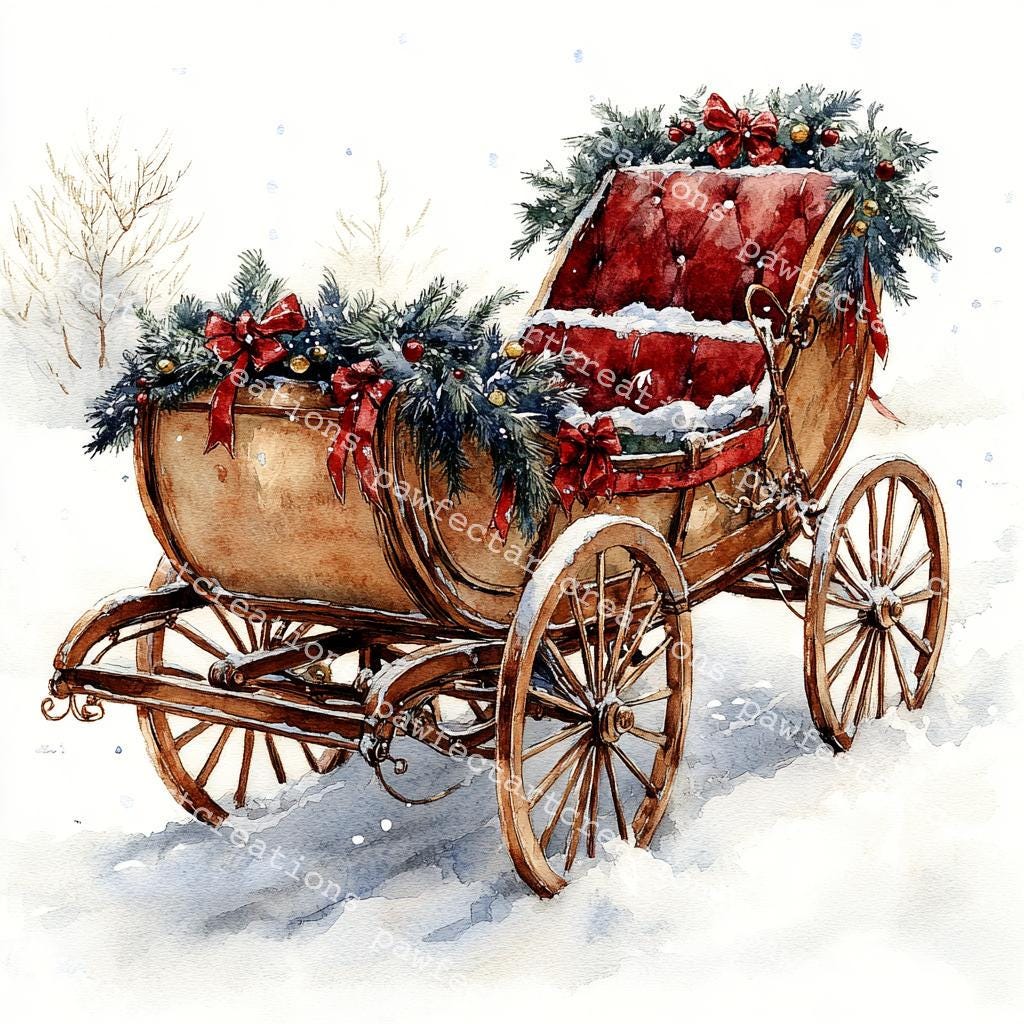 Christmas Sleigh Clipart: Watercolor Red & Green Sleighs (digital ...