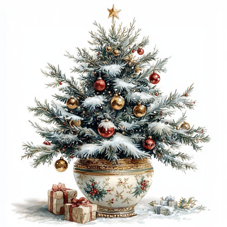 Potted Christmas Tree Clipart: Watercolor Holiday Tree Art (digital ...