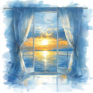 Seaside View Watercolor Print: Ocean Window Clipart (digital Download ...