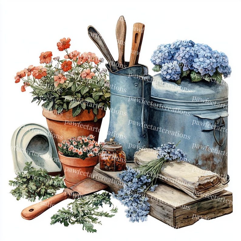 Vintage Gardening Tools Watercolor Clipart: Spring Garden Art (digital ...