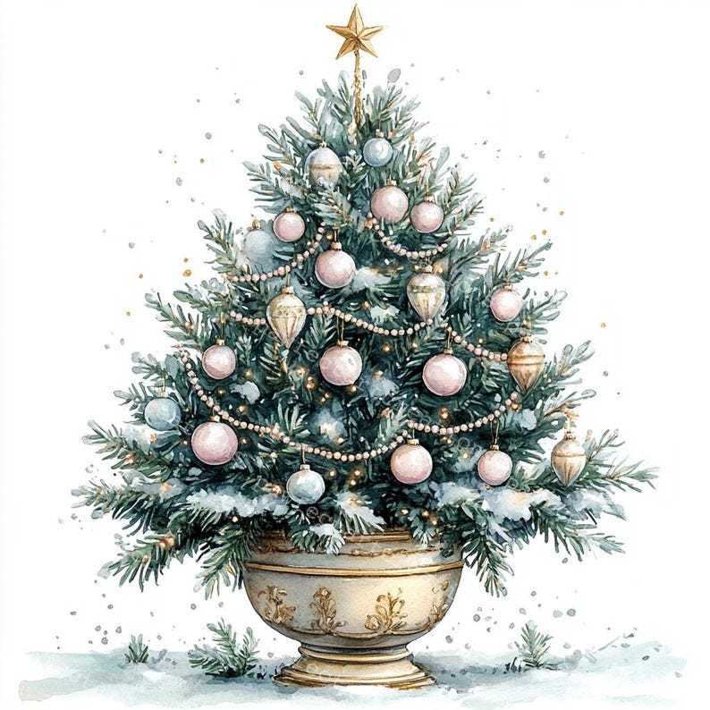 Potted Christmas Tree Clipart: Watercolor Holiday Tree Art (digital ...