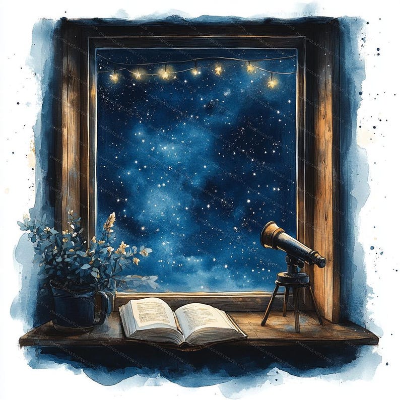 Moonlit Window Watercolor Clipart: Night Sky Landscape (digital ...