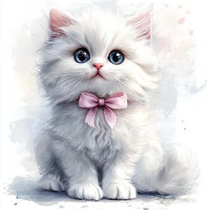 White Cat Clipart: Watercolor Kitten With Pink Bow (JPG Digital ...
