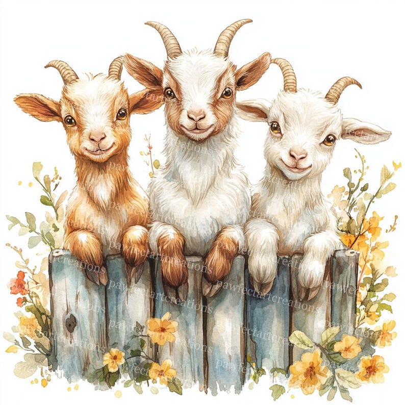12 Cute Goats on Fence Clipart, Floral Goat, Farm Animal, Printable ...