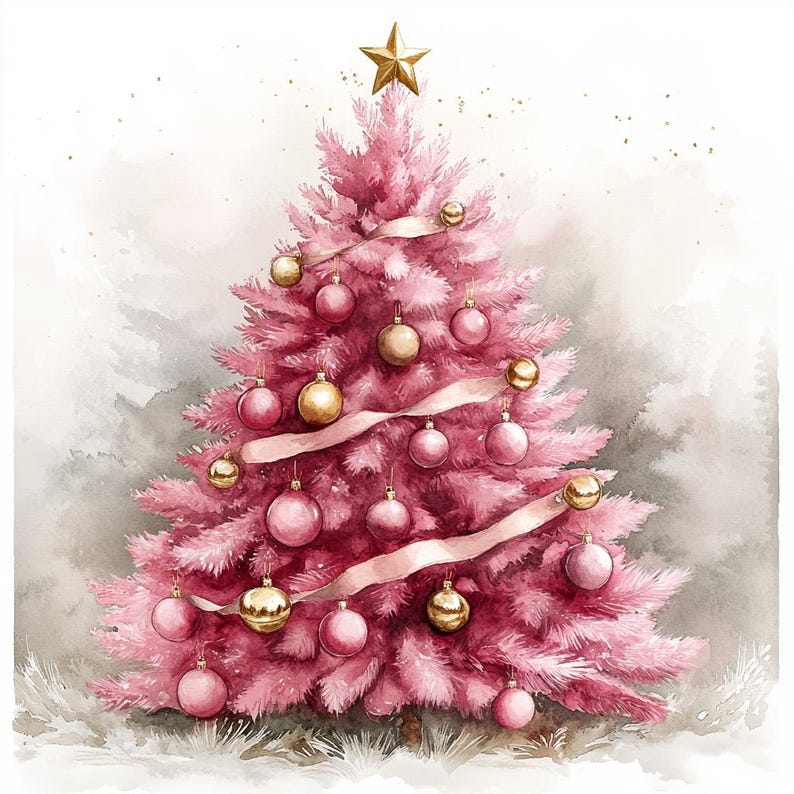 Pink Christmas Tree Clipart: Watercolor Holiday Card Making (digital ...