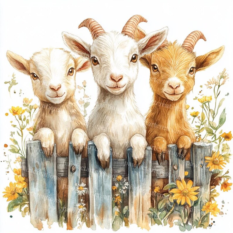 12 Cute Goats on Fence Clipart, Floral Goat, Farm Animal, Printable ...