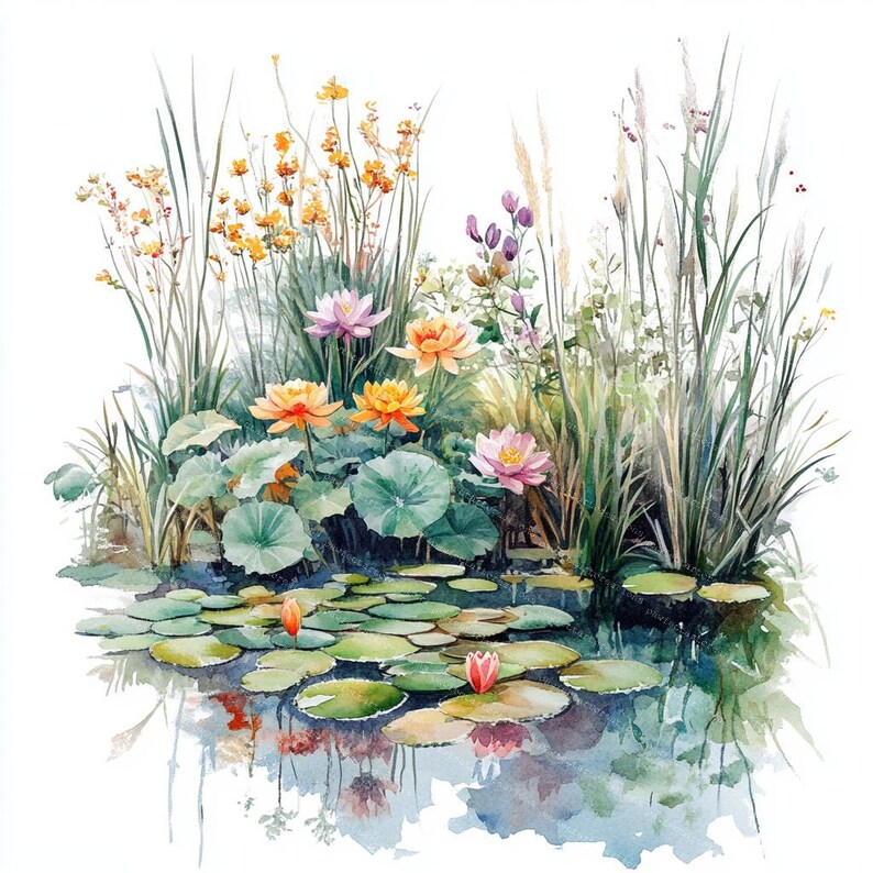 Floral Garden Pond Watercolor Clipart: High-resolution Jpgs (digital ...