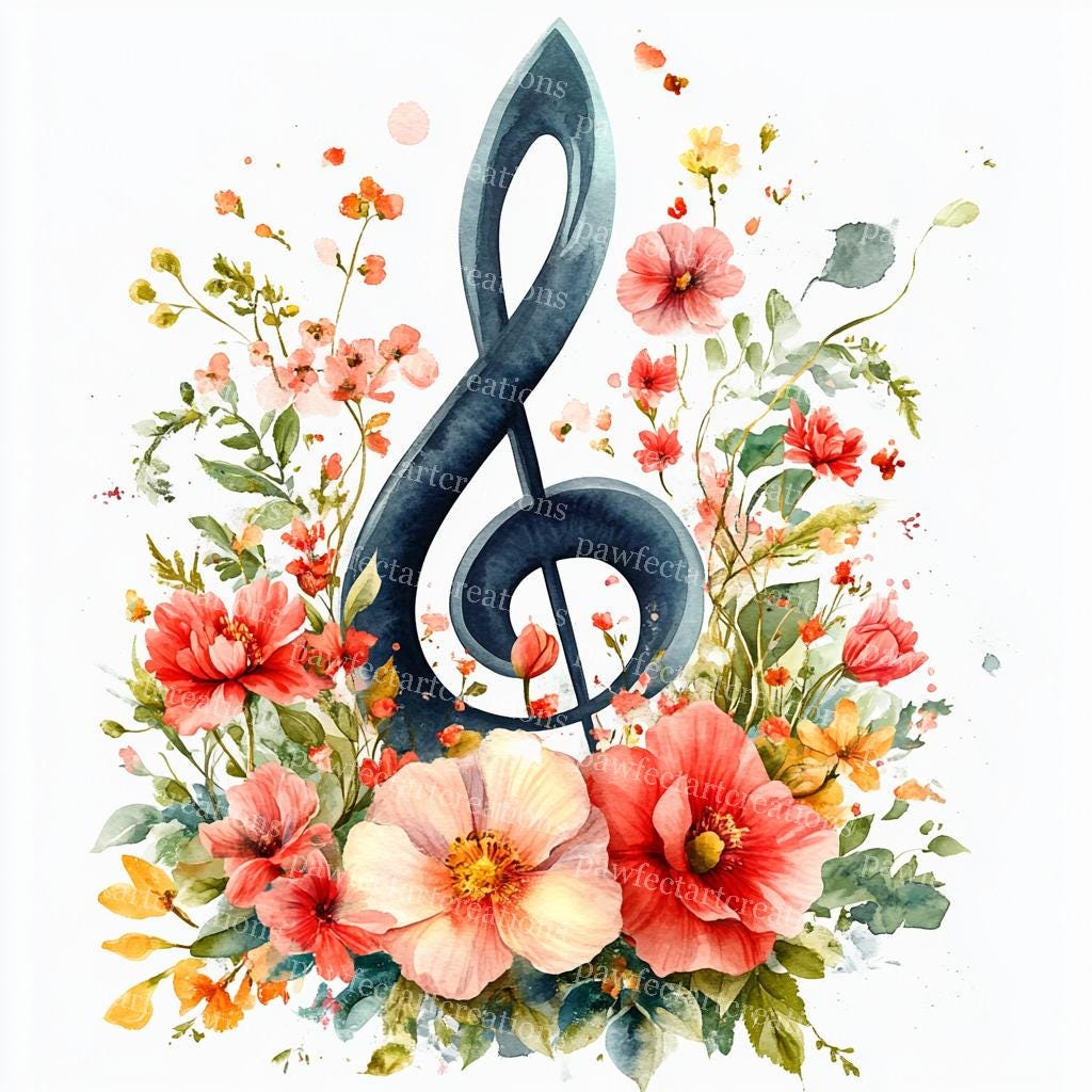 Floral Music Clef Clipart: Watercolor Flower Music Note (digital ...