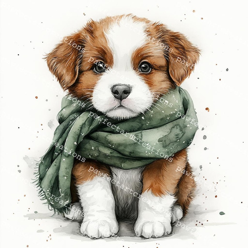 Winter Puppy Clipart: Watercolor Dog With Scarf (digital Download, Jpgs ...
