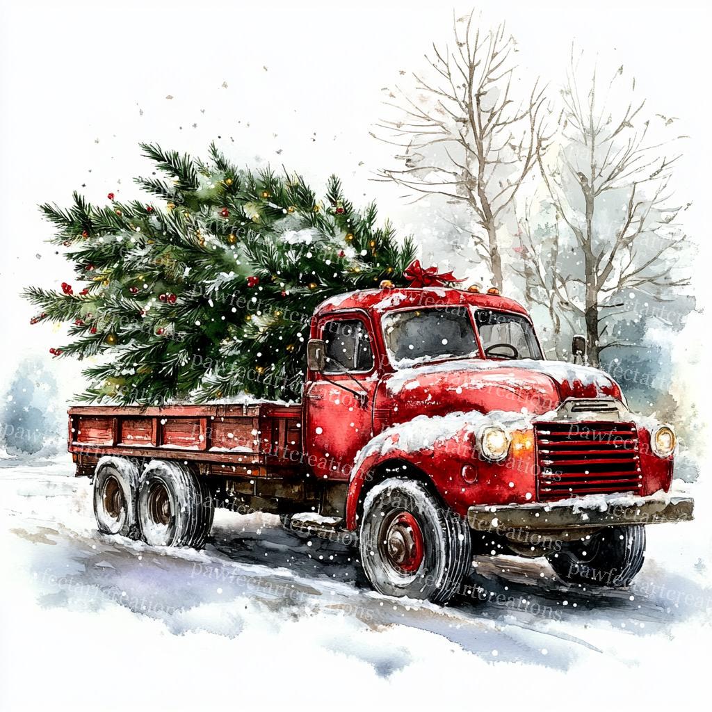 10 Christmas Truck Clipart: Watercolor Holiday Tree Art (digital ...