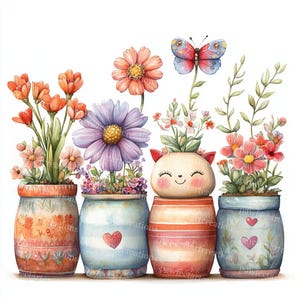 Watercolor Flower Clipart: Whimsical Floral Pots (digital Download) - Etsy