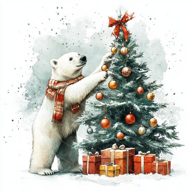 Christmas Polar Bear Clipart: Watercolor Bear & Snowman (digital ...
