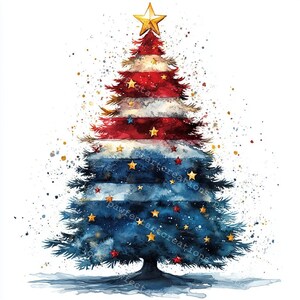 10 Patriotic Christmas Tree Clipart, USA Flag, Printable Watercolor ...