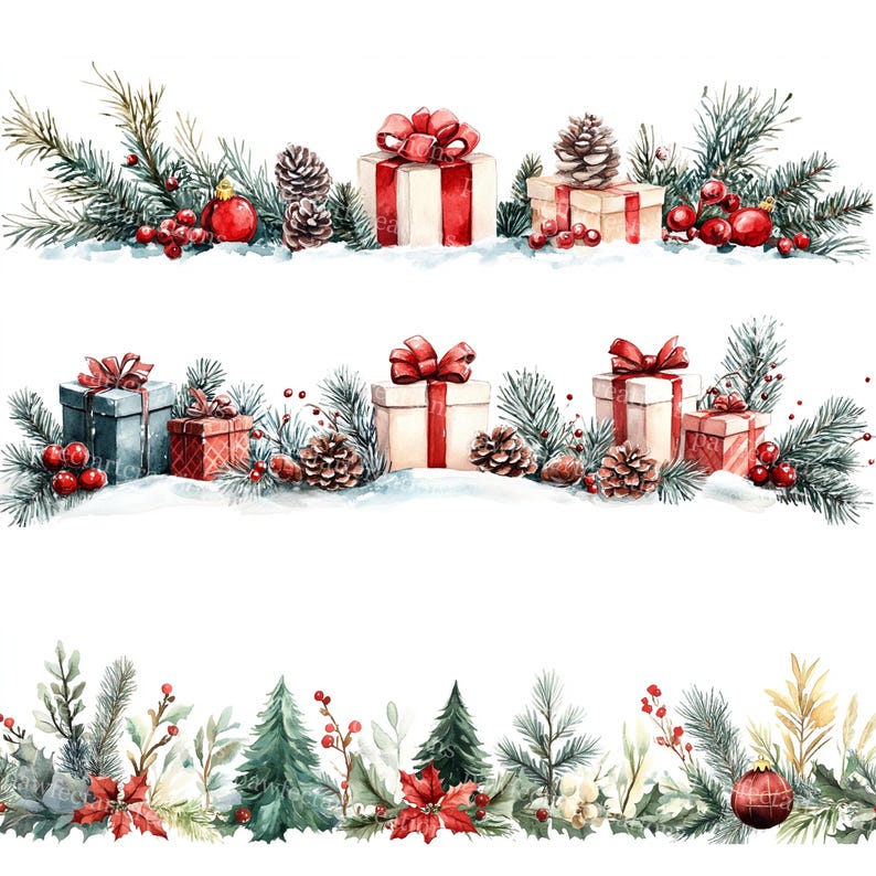 Christmas Garland Borders Clipart: Watercolor Card Design (digital ...