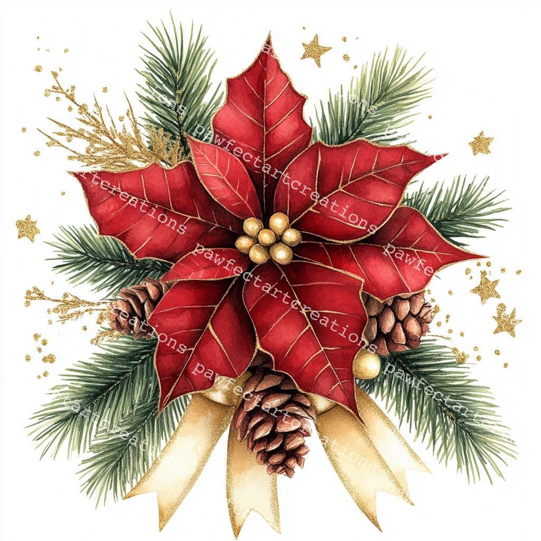 20 Poinsettia Decor Clipart, Christmas Card, Winter Floral Art ...