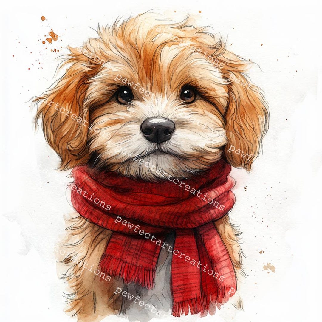 Winter Puppy Clipart: Watercolor Dog With Scarf (digital Download, Jpgs ...
