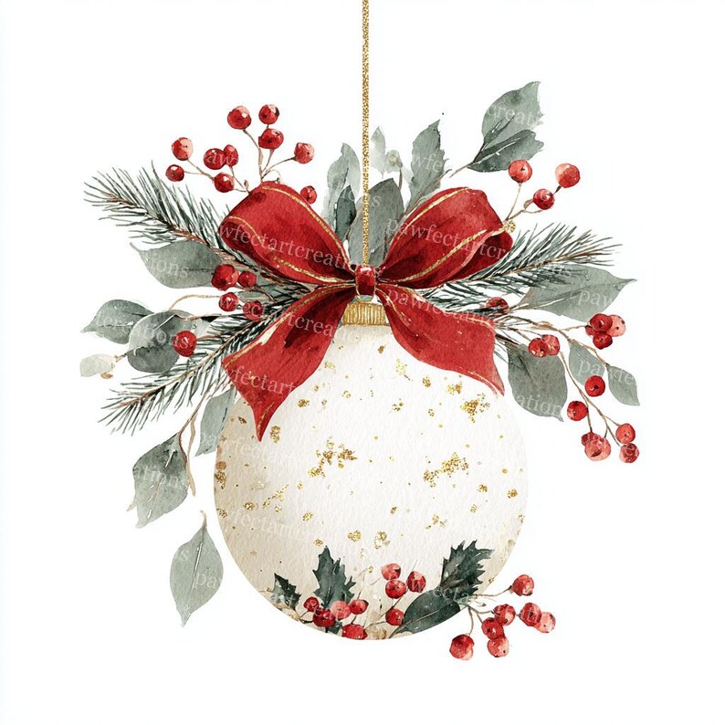 30 Xmas Red Ornament Clipart, Christmas Card, Gold Xmas Baubles ...
