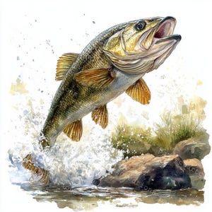 12 Jumping Bass Clipart, Fish Clipart, Smallmouth Bass Fish, Printable ...