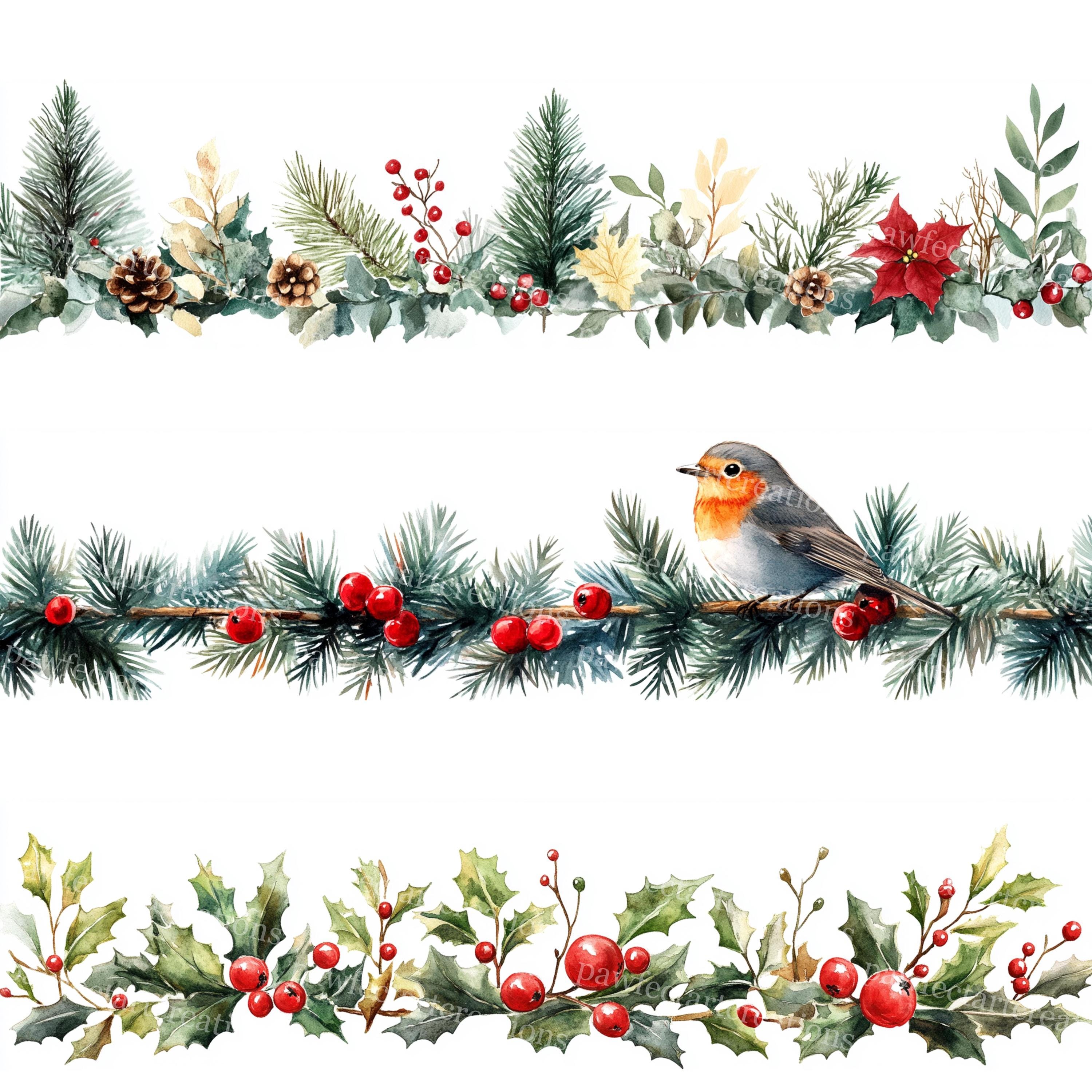 Christmas Garland Borders Clipart: Watercolor Card Design (digital ...