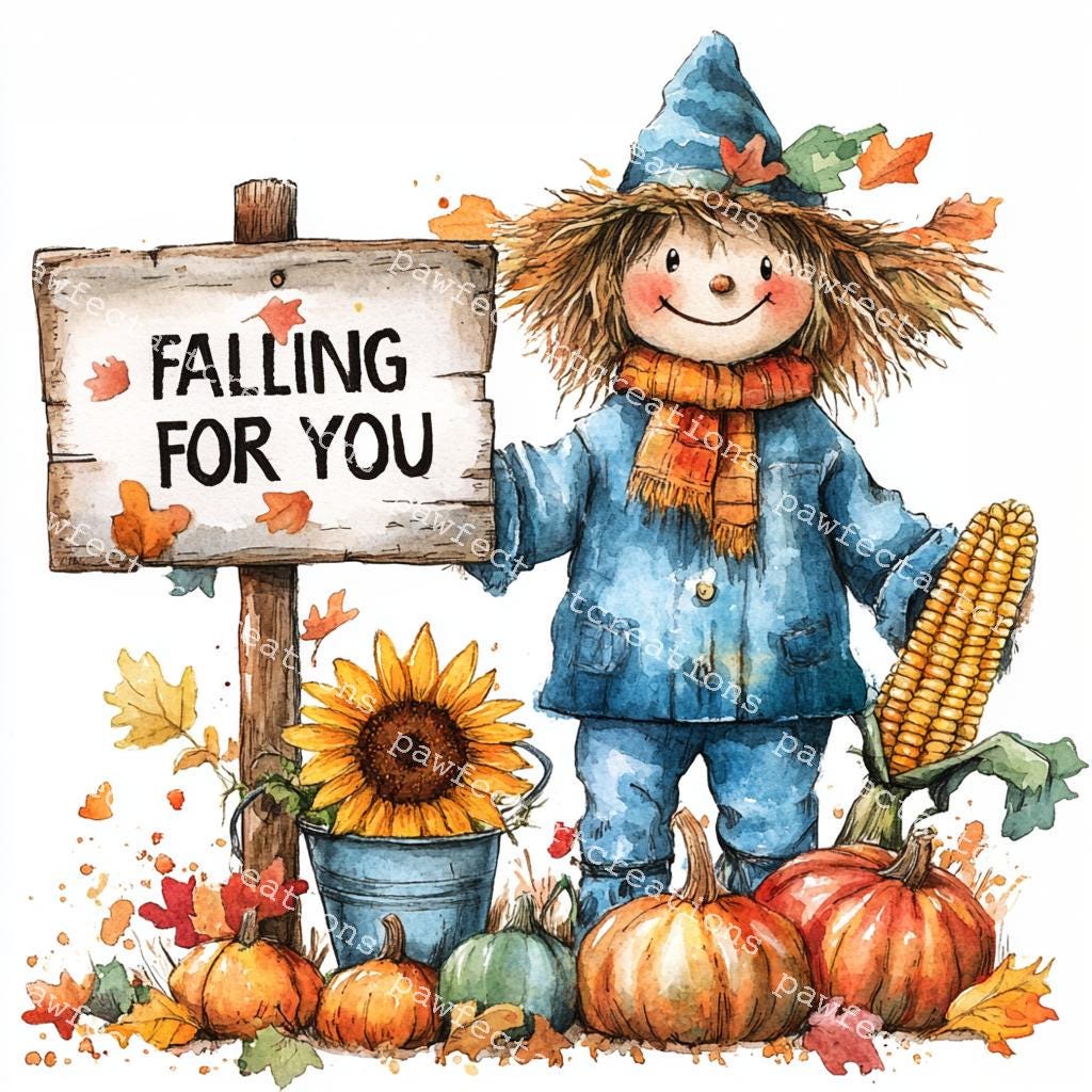 12 Autumn Scarecrow Clipart: Watercolor Fall Harvest, Junk Journal ...