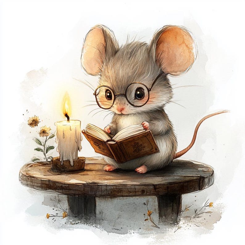 15 Mouse Reading Book Clipart, Cute Mouse Clipart, Printable Watercolor ...