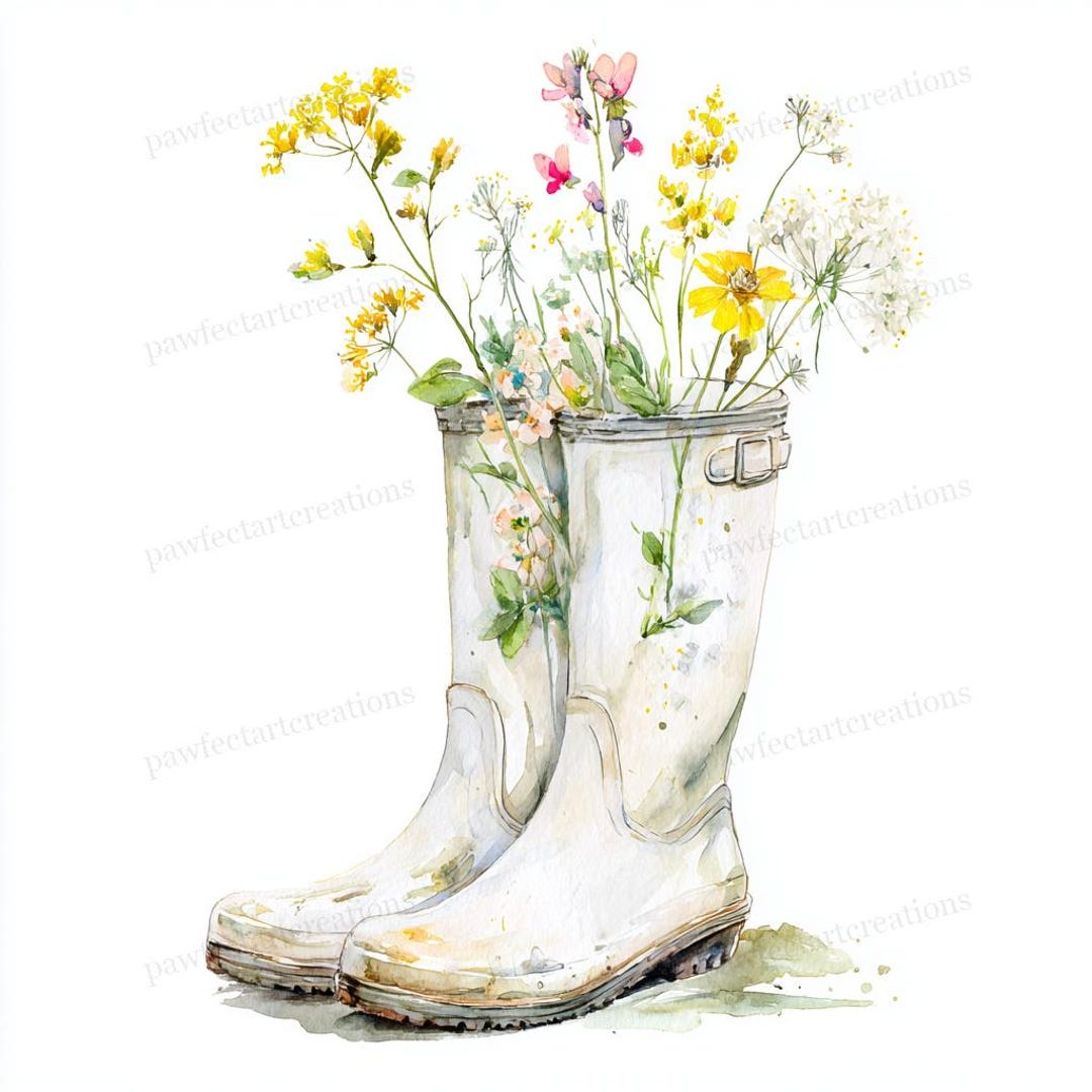 20 Spring Rain Boots Clipart, Watercolor Rain Boot Bundle, Floral ...