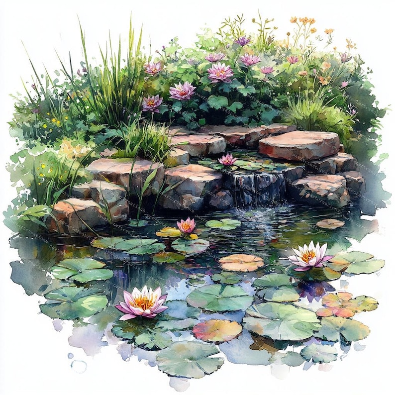 Floral Garden Pond Watercolor Clipart: High-resolution Jpgs (digital ...