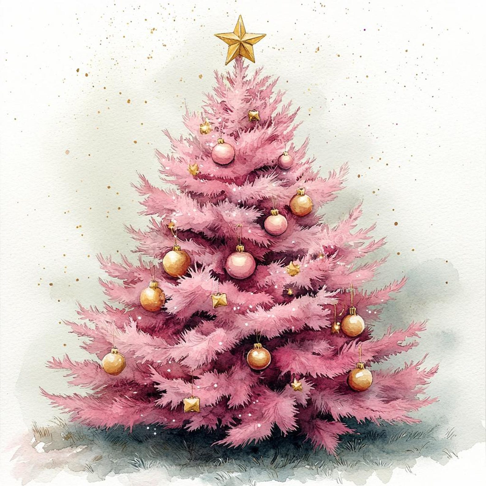 Pink Christmas Tree Clipart: Watercolor Holiday Card Making (digital ...