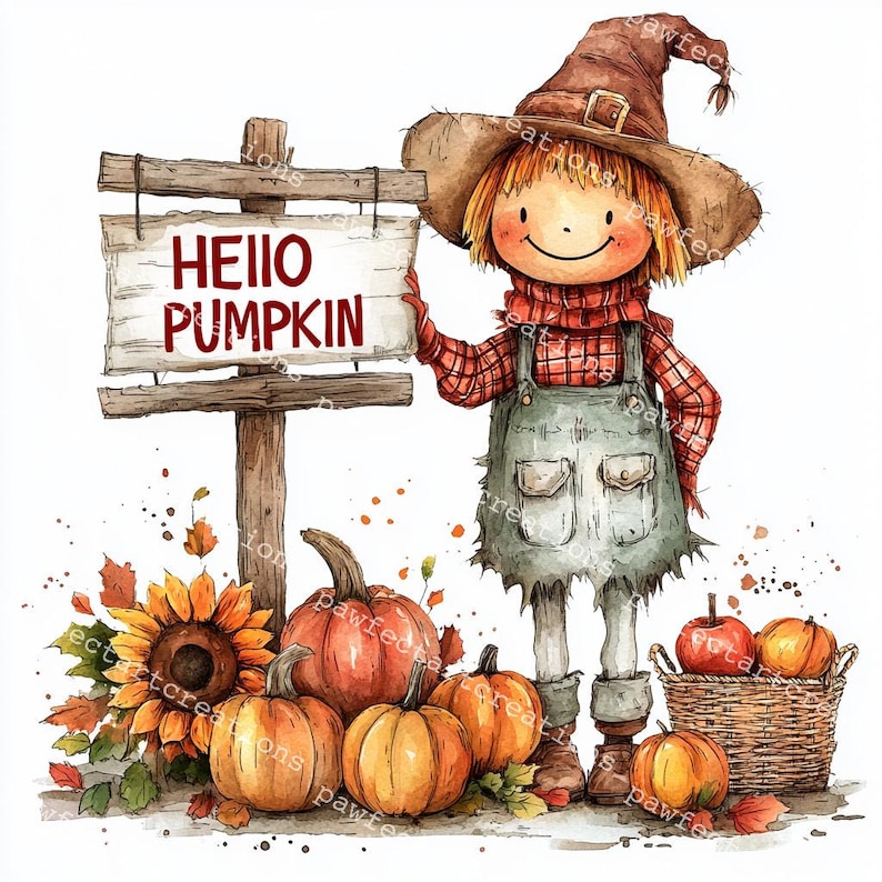 12 Autumn Scarecrow Clipart: Watercolor Fall Harvest, Junk Journal ...