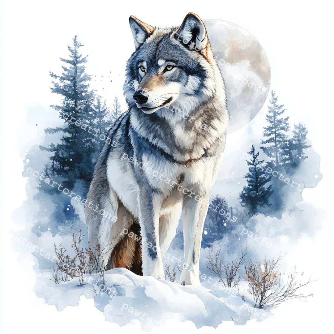 12 Wolf in Winter Clipart, Wolf in Snowy Landscape, Printable ...