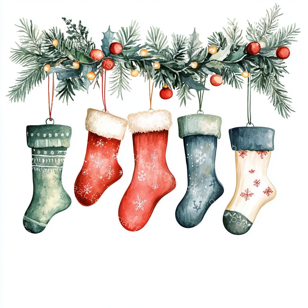 Watercolor Christmas Stockings Clipart: Holiday Card & Garland (digital ...