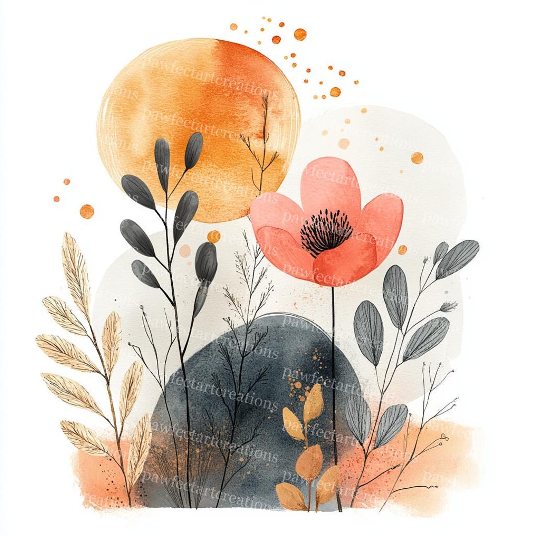 20 Boho Floral Watercolor Clipart: Minimalist Flower Art (digital ...
