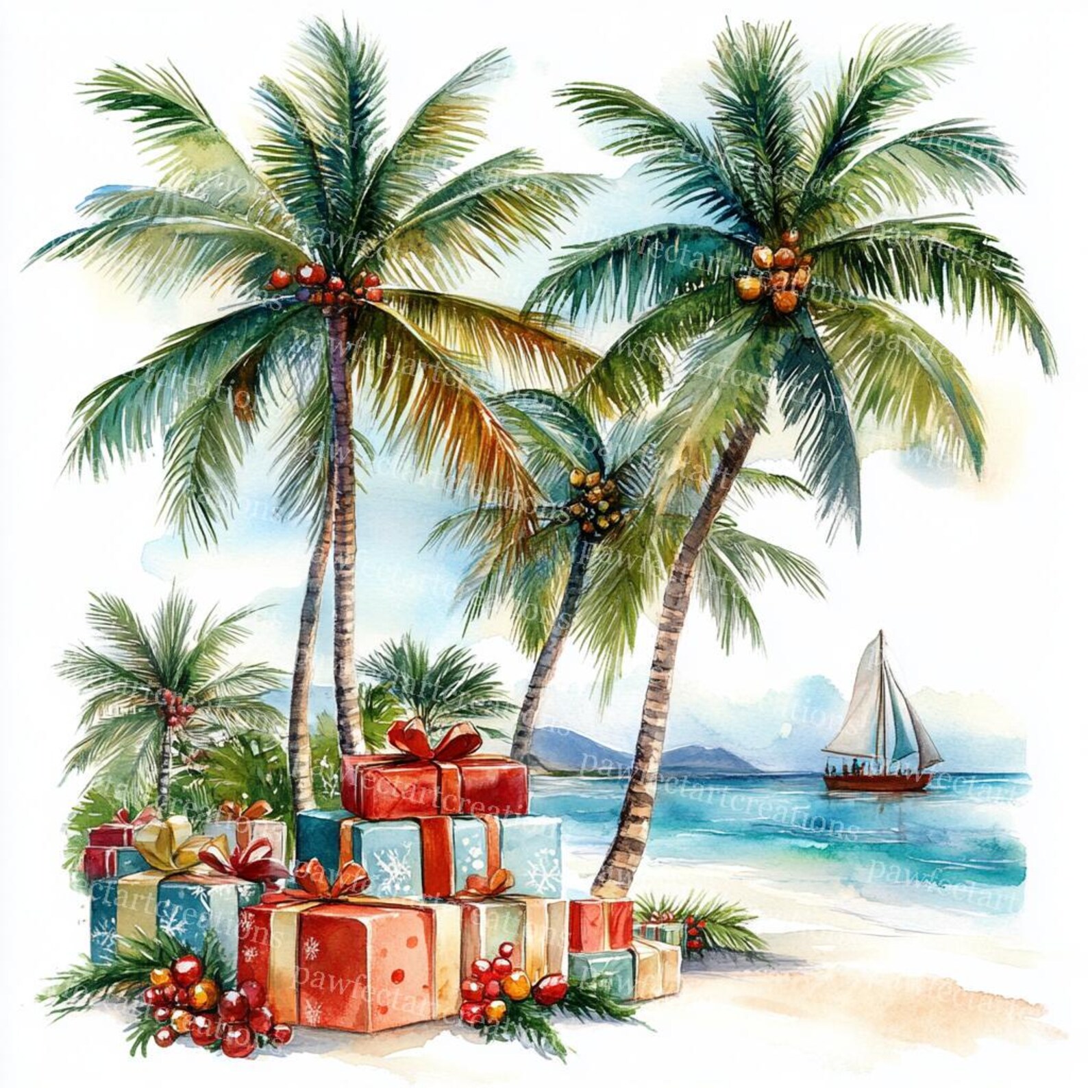 Tropical Christmas Palms Watercolor Clipart: Holiday Card Design ...