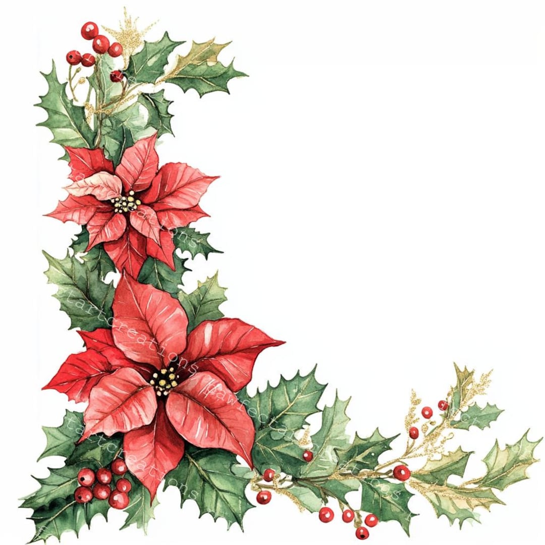 Poinsettia Border Clipart: Watercolor Christmas Card Design (digital ...