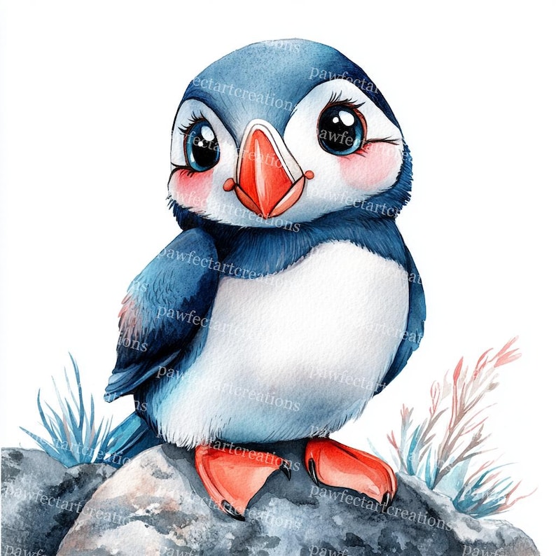 12 Cute Cartoon Puffin Clipart, Ocean Animals, Under the Sea Clipart ...